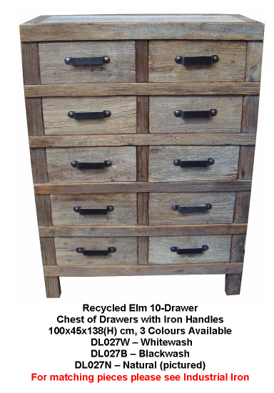Recycled Elm 10 Drawer Chest of Drawers - Megaria